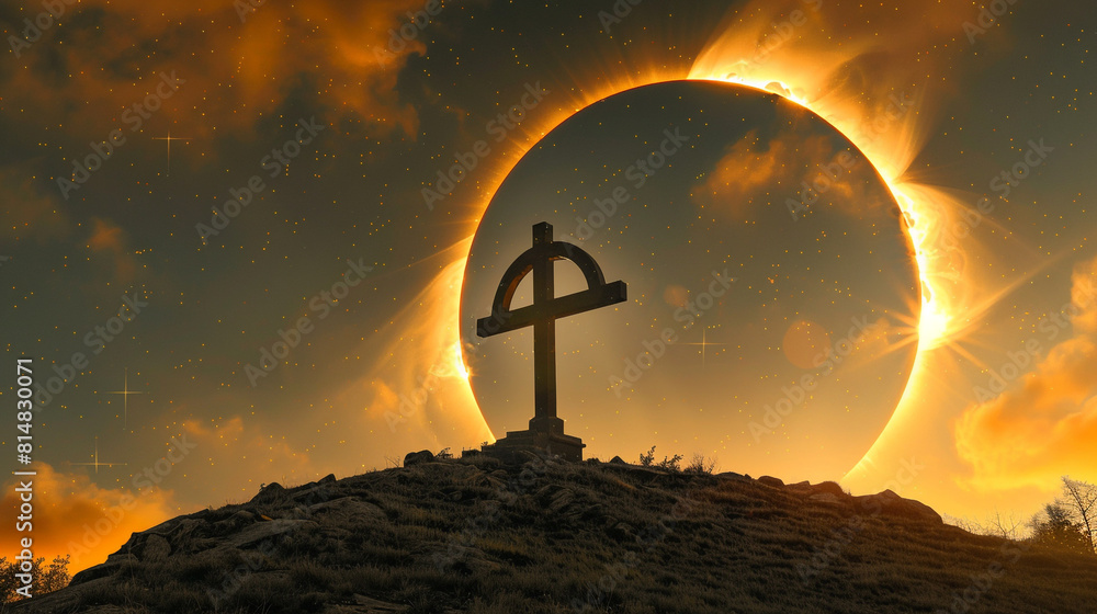 A Christian cross on a hill during a solar eclipse, with the corona of ...