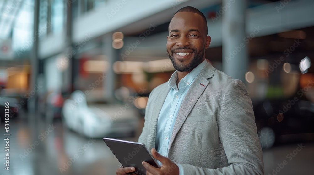 Foto de smile Salesman Standing Standing and hugging tablet on chest ...