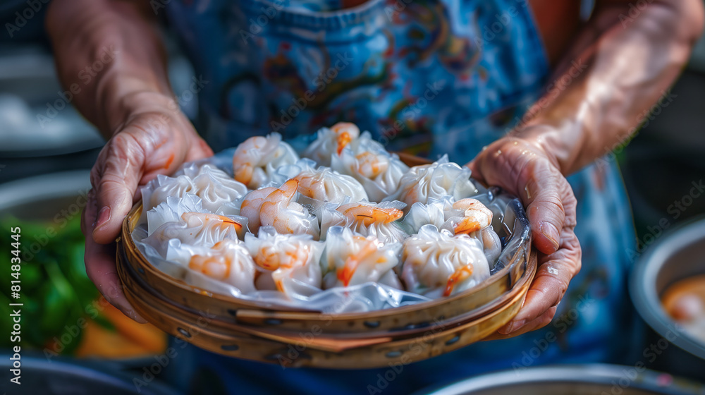 Chinese man presenting a plate of mouth-watering steamed shrimp ...