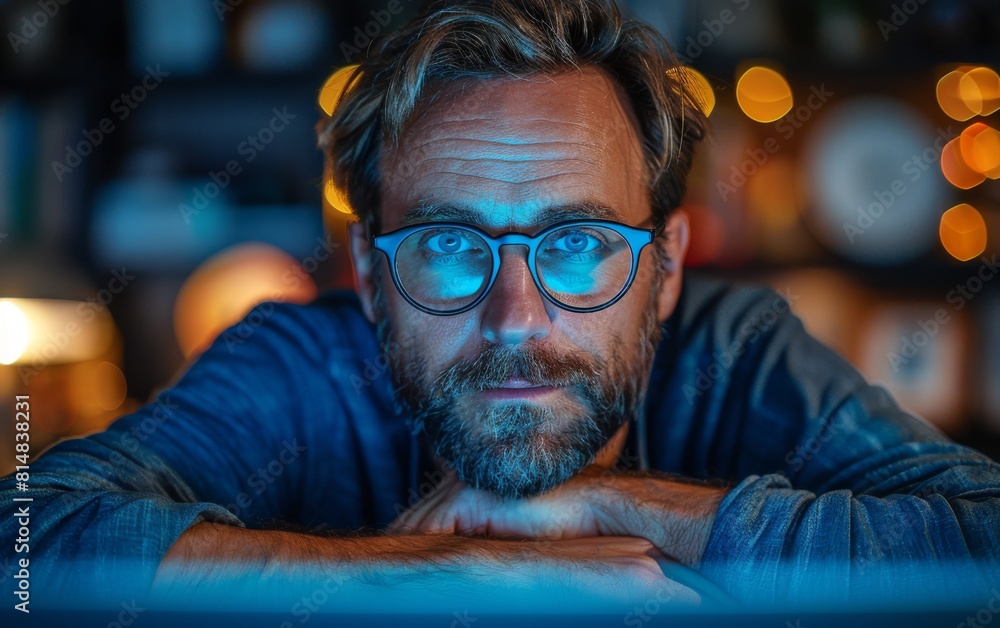 A man with glasses is looking at a computer screen. Concept of focus ...