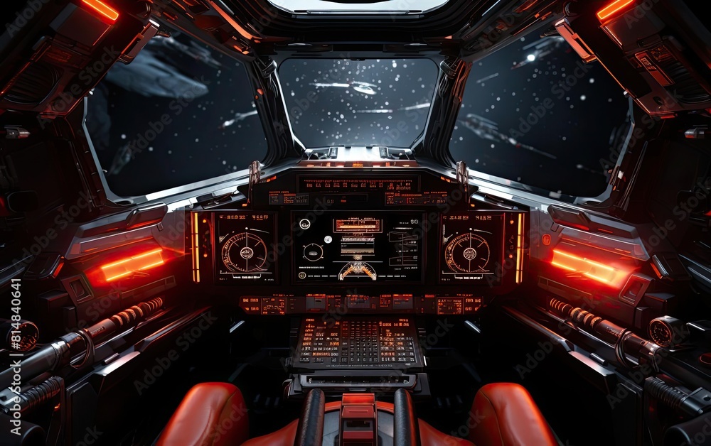 Show a front view of a spaceship cockpit Describe an emergency alert ...