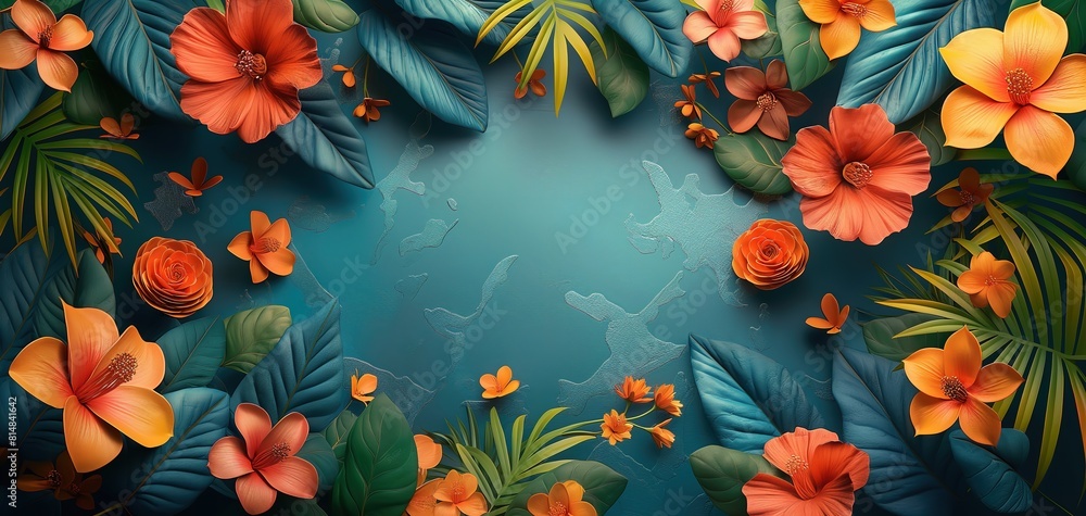 top view tropical hibiscus flower with lush green tropical leaves ...