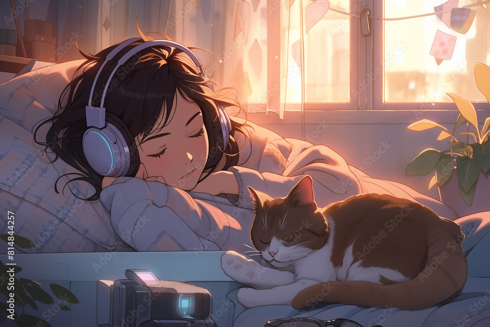 Anime Girl sleeping in bedroom with cat while listening to music on ...