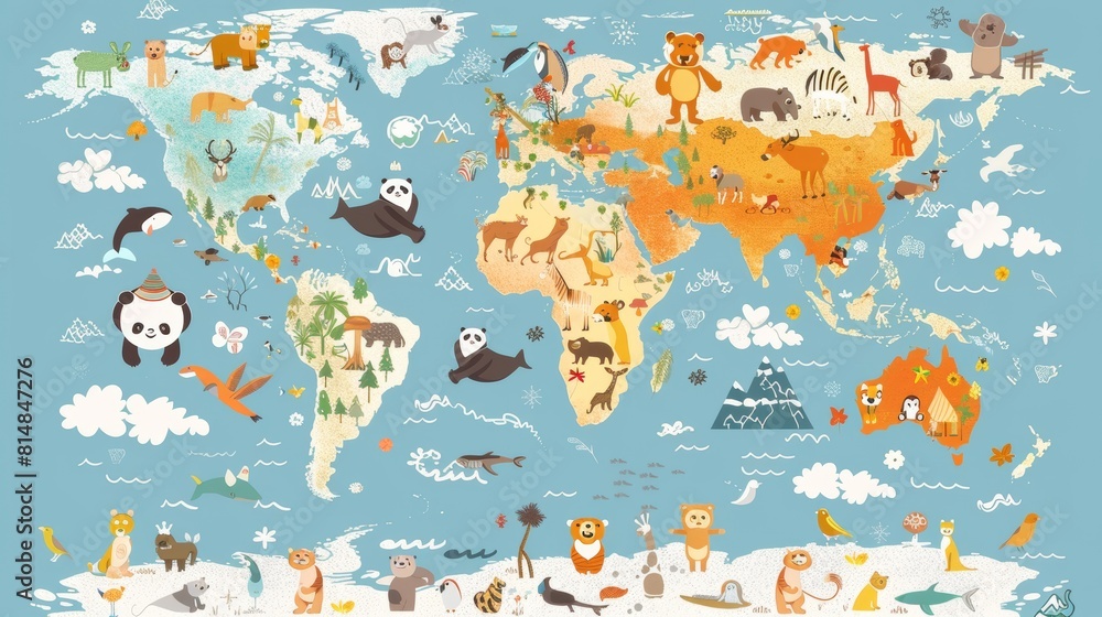 Colorful world map with cute cartoon animals, including a panda in ...