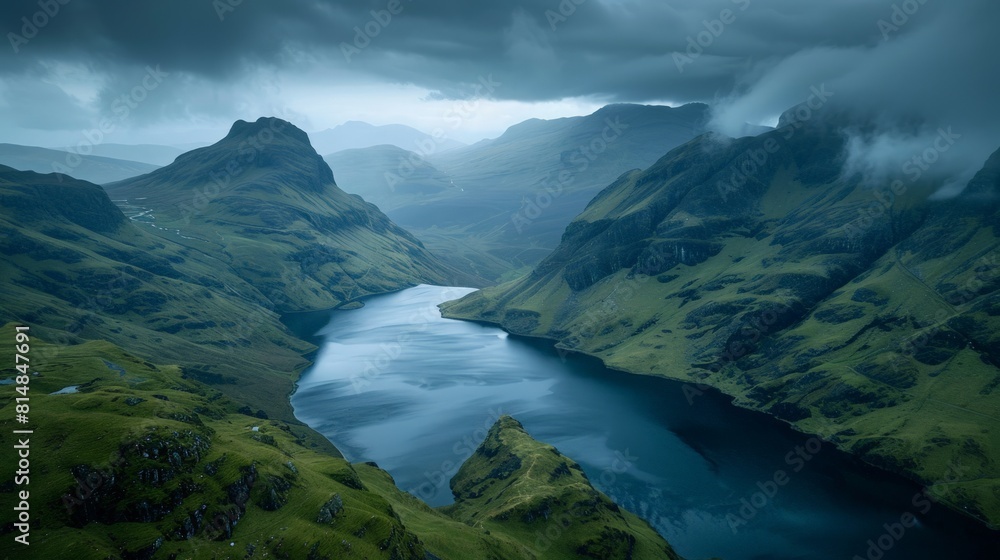 Aerial view of the Scottish Highlands, showcasing the rugged terrain ...