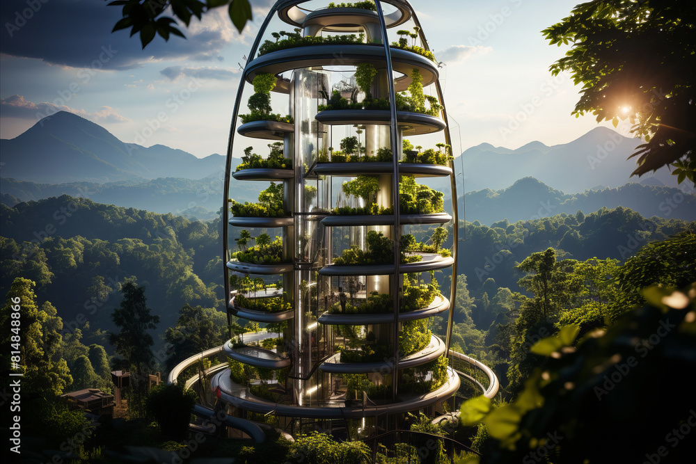 Vertical Farming Tower: An impressive vertical farming tower with rows ...