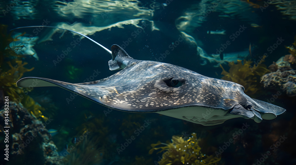 underwater view of a spotted stingray swimming gracefully in an aquatic ...