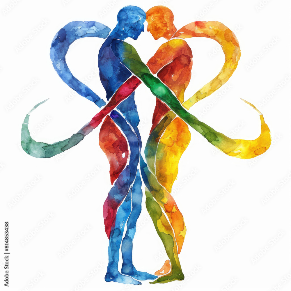 Watercolor painting of two intertwined figures in a loving embrace ...