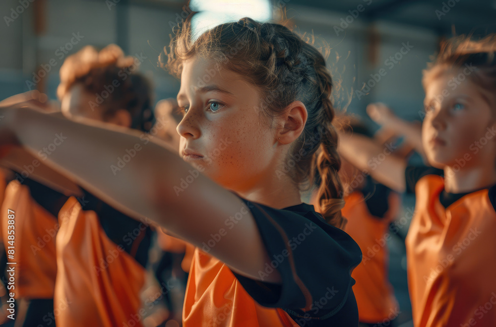 happy children stretching in an indoor gym, wearing orange and black ...