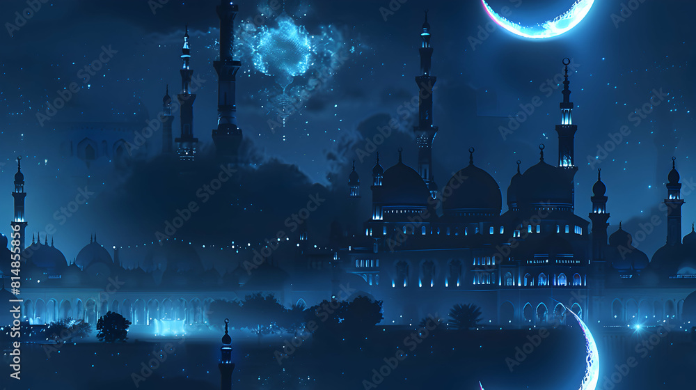 Photo realistic: Eid Moon and Mosque Tiles Crescent Moon Over Mosque ...