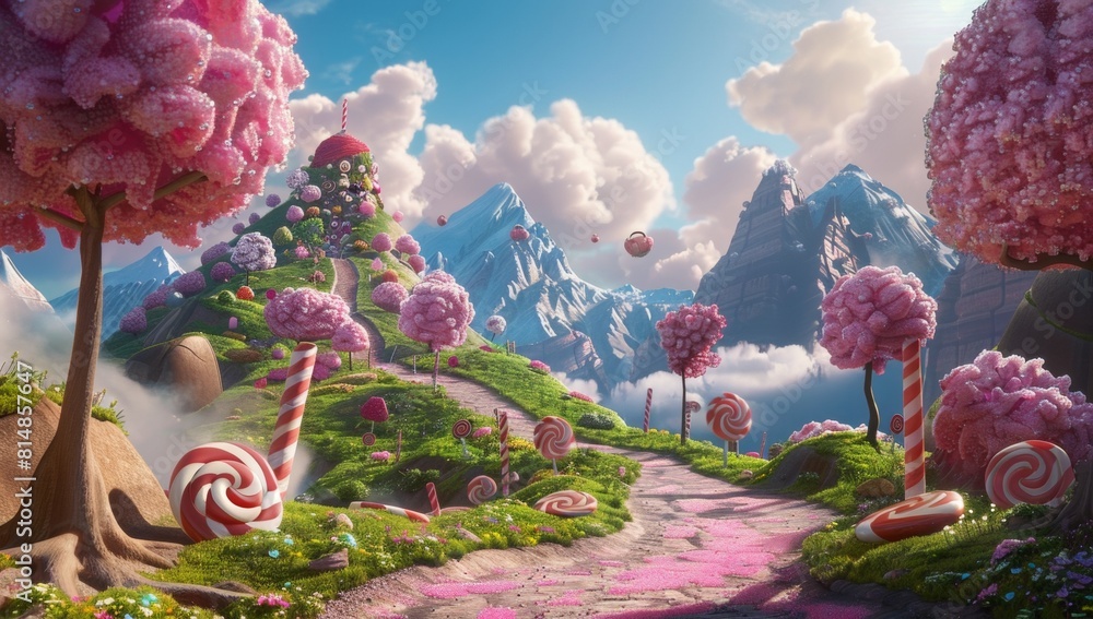 A fantasy candy land with trees made of lollipops, colorful mountains ...