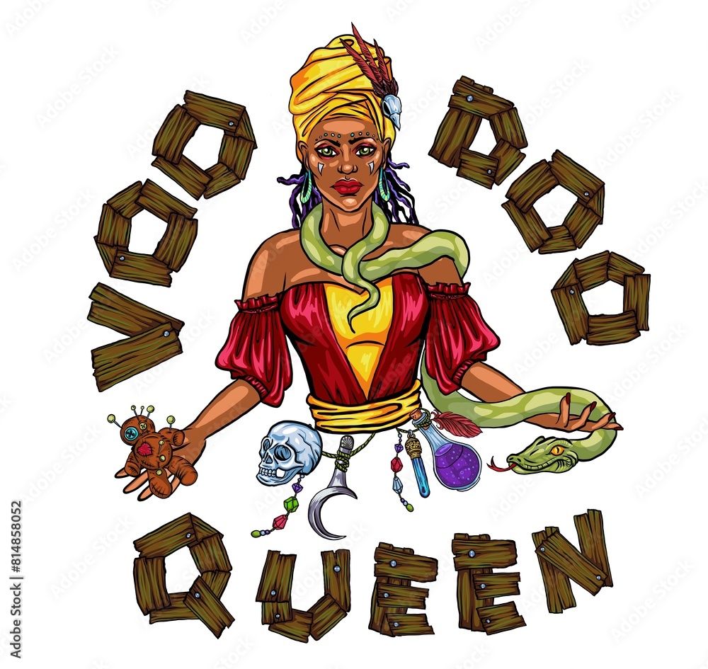 Voodoo queen, ritual voodoo doll and magic ball. cartoon illustration ...