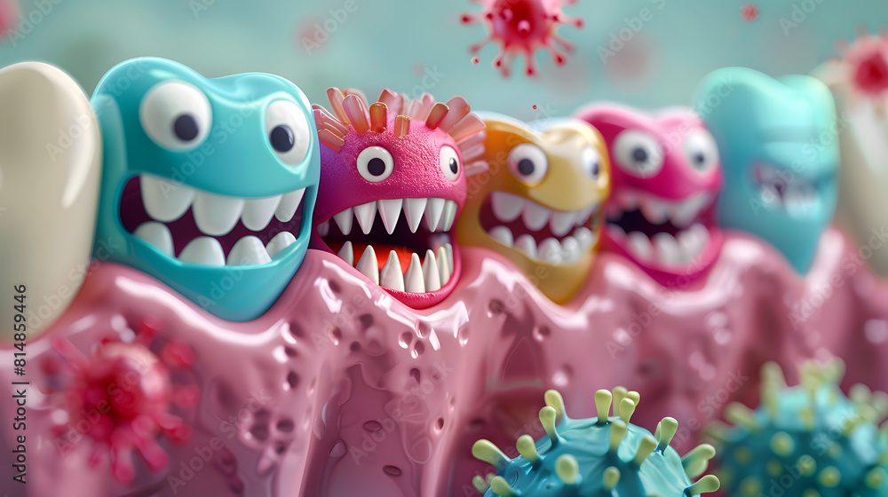Colorful cartoon illustration of bacteria and viruses on teeth ...