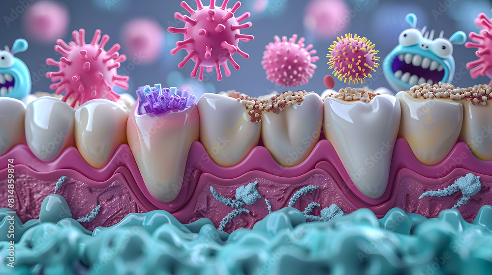 Colorful cartoon illustration of bacteria and viruses on teeth ...