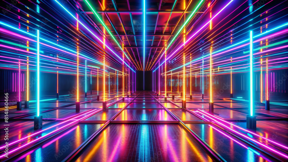 Bright neon lights create a futuristic hallway where a multitude of ...