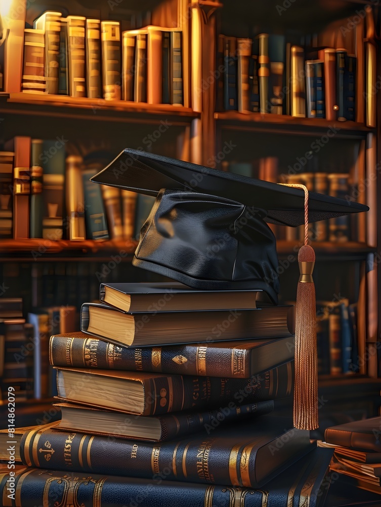 Graduation cap on books in a library bookshelf symbolizing academic ...