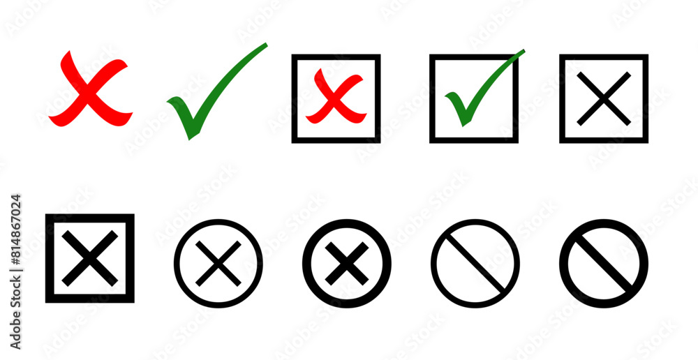 vector tick mark or check mark and cross marks set on white background ...
