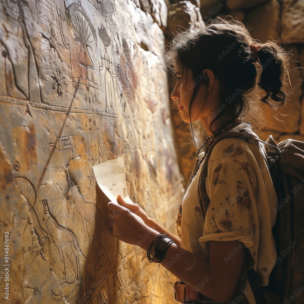 female archeologist analyzing the symbolism depicted in ancient cave ...