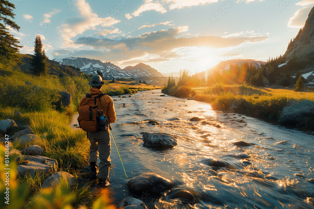 Fly fishermen casting lines into pristine mountain streams, immersing ...