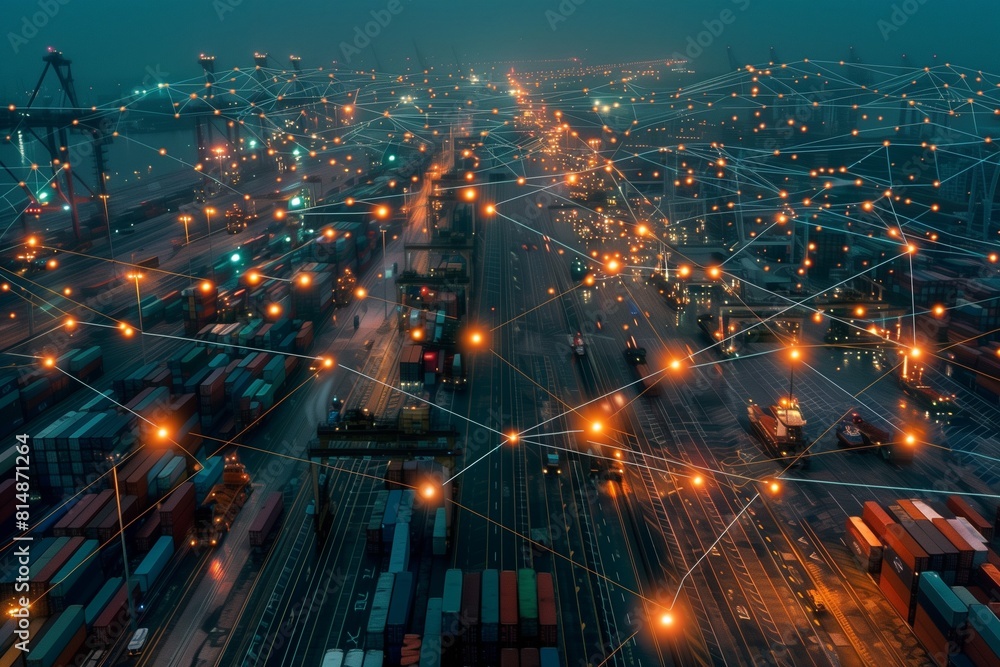 The photo shows an aerial view of a busy shipyard at night. The lights ...