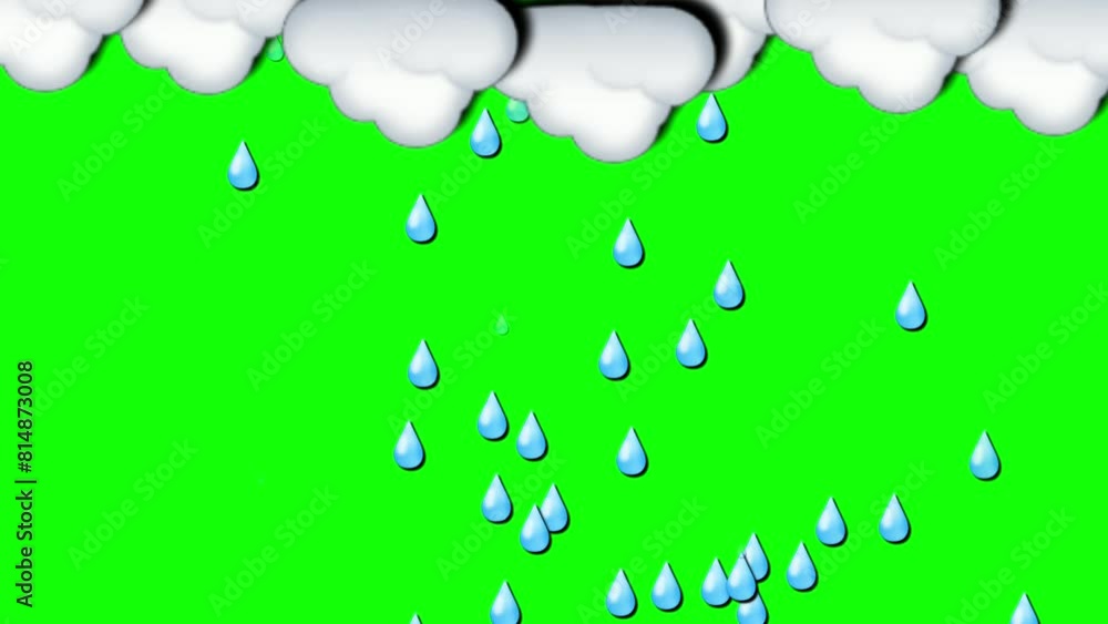 4K animation of cartoon raindrops and clouds. Is raining. Vector rain ...