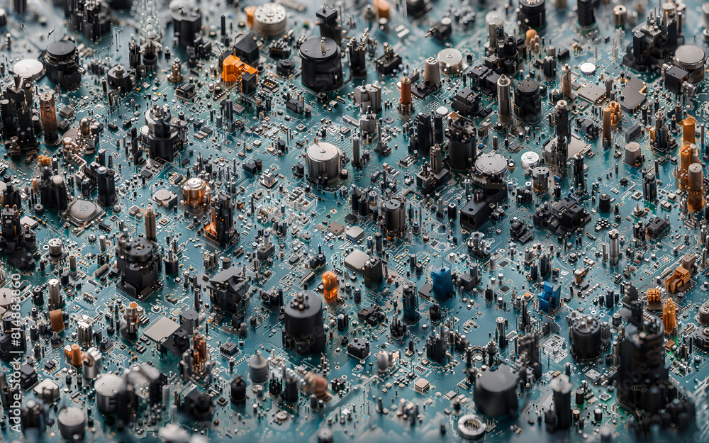 top view on an electronic city concept, 3d illustration of a city made ...