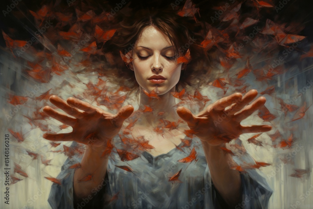 Artistic painting of a serene woman surrounded by a swarm of delicate ...