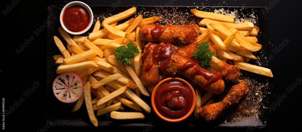 Top view of a German fast food currywurst meal consisting of curry ...