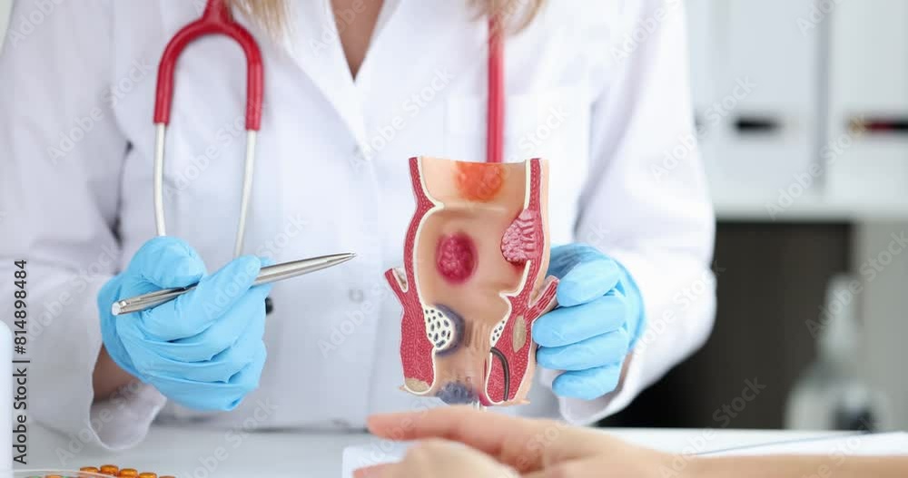 Doctor holds model of unhealthy lower rectum with inflamed vascular ...