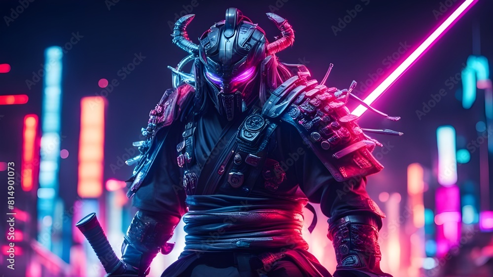 ภาพประกอบสต็อก cyber samurai in oni helmet with katana in his hand and ...