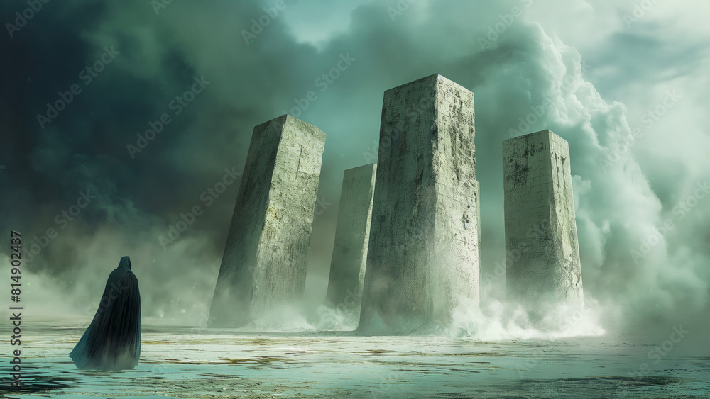 Mysterious Figure Before Colossal Monolithic Towers in a Surreal Misty ... Mysterious Figure Before Colossal Monolithic Towers in a Surreal Misty ...