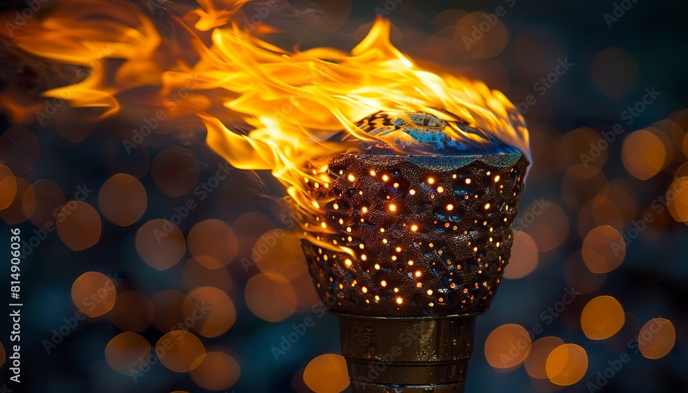 An Olympic torch shines against a modern, dynamic background in a ...