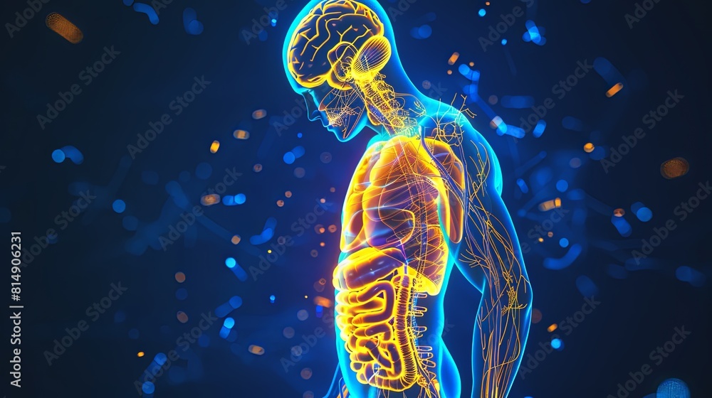 Blue and yellow glowing human body outline with organs Stock ...