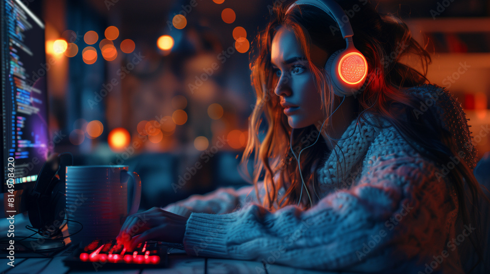 Lofi scene with girl at her desk, wide view, window, ocean, city ...