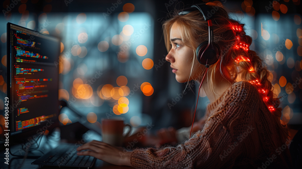 Lofi scene with girl at her desk, wide view, window, ocean, city ...