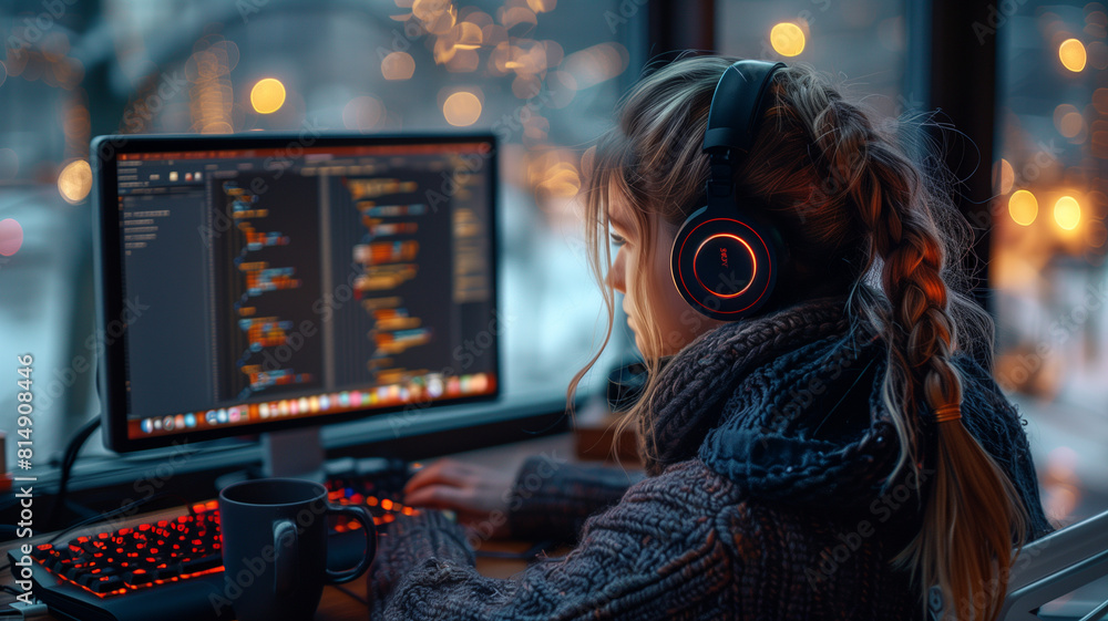 Lofi scene with girl at her desk, wide view, window, ocean, city ...