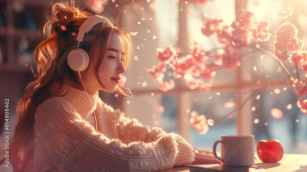 Lofi scene with girl at her desk, wide view, window, ocean, city ...