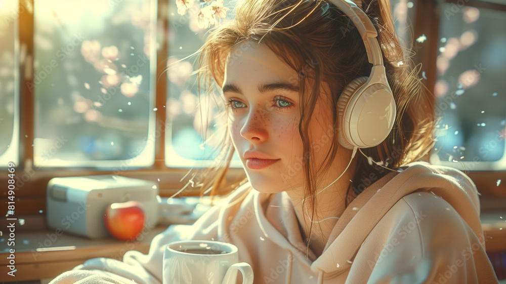 Lofi scene with girl at her desk, wide view, window, ocean, city ...