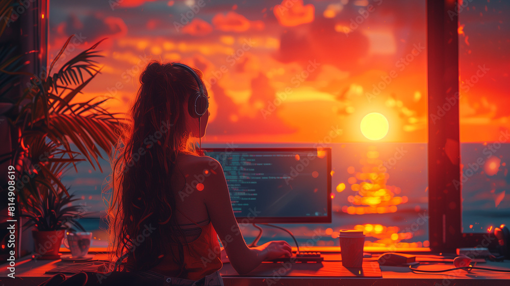 Lofi scene with girl at her desk, wide view, window, ocean, city ...