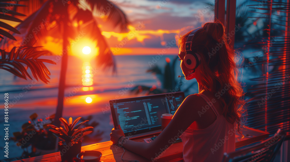 Lofi scene with girl at her desk, wide view, window, ocean, city ...