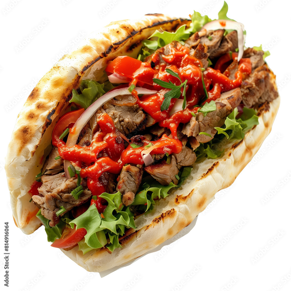Döner Kebab Doner Kebap fast food in flatbread with red spicy sauce ...