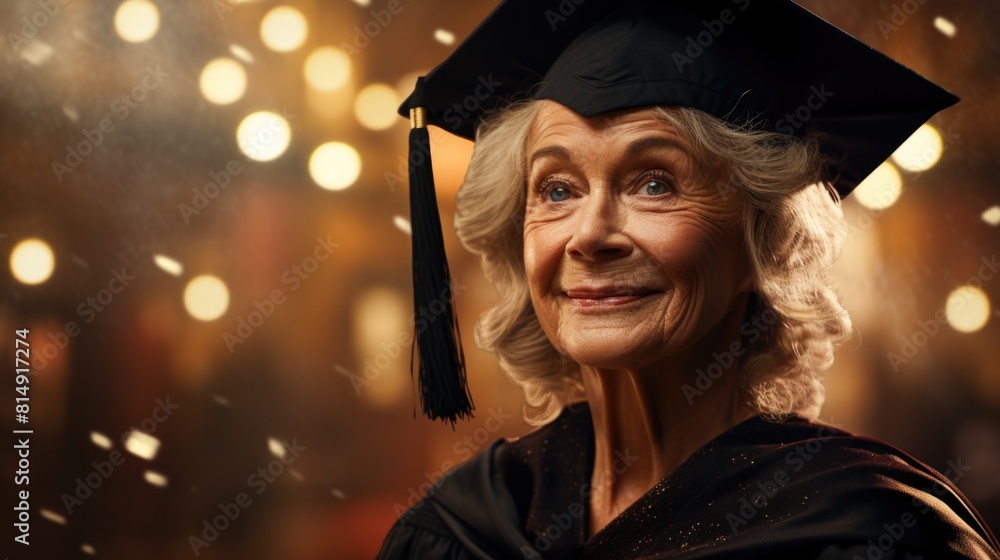 Older woman in graduation cap and gown Stock Photo | Adobe Stock