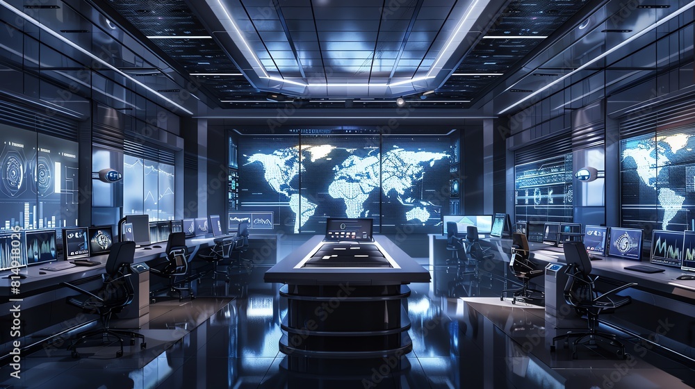 Futuristic command center with large world map display, workstations ...