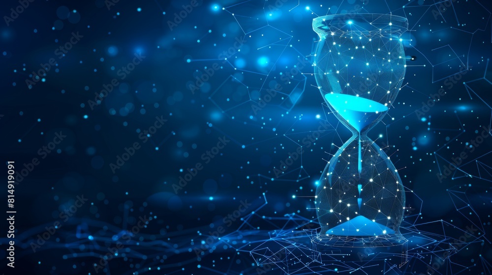 A glowing hourglass stands on a digital network canvas with blue neon ...