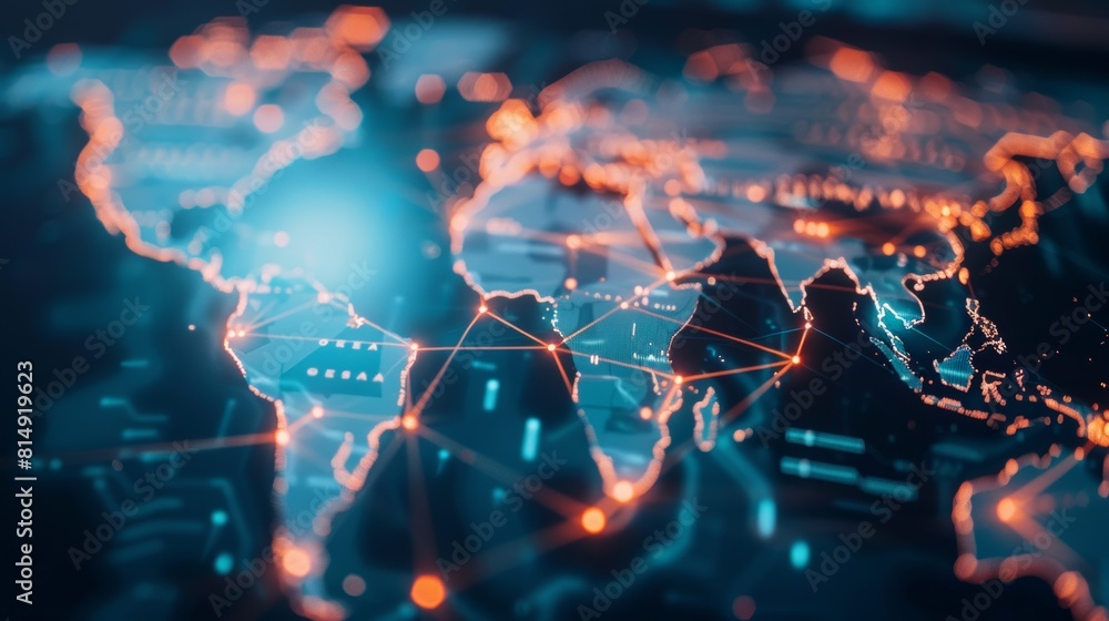 A world map with lines connecting continents signifies a global ...