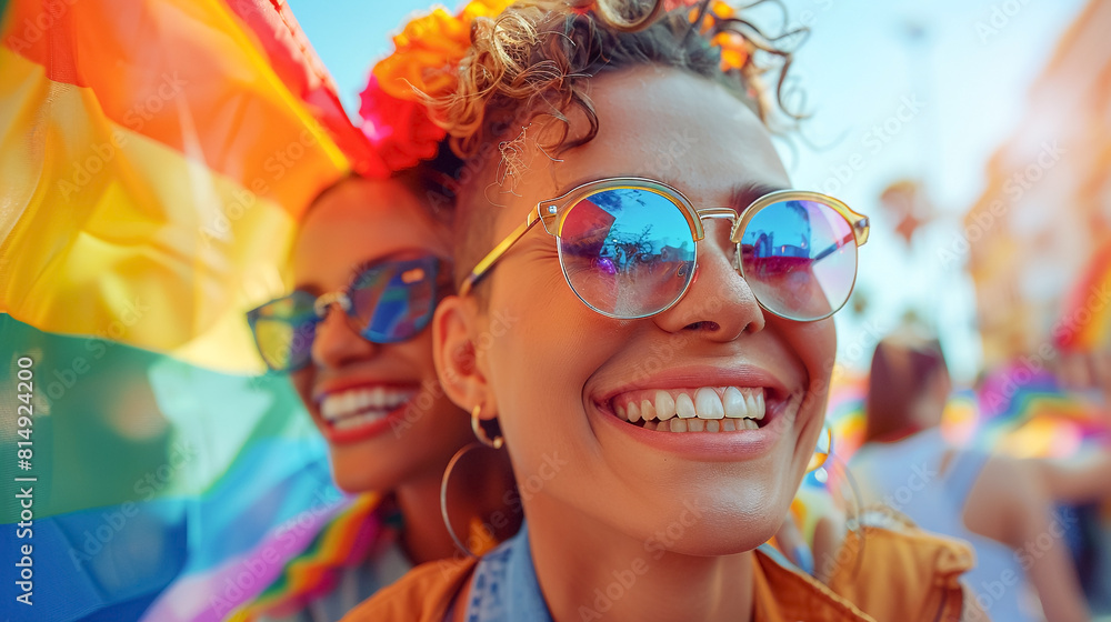 happy LGBT couple on pride parade. Two young smiling girls with LGBT ...