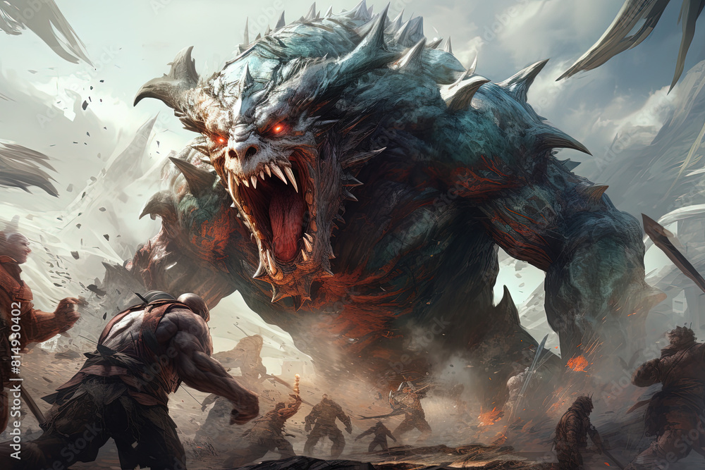 Warriors confronting a giant monster. Epic battle against the beast ...