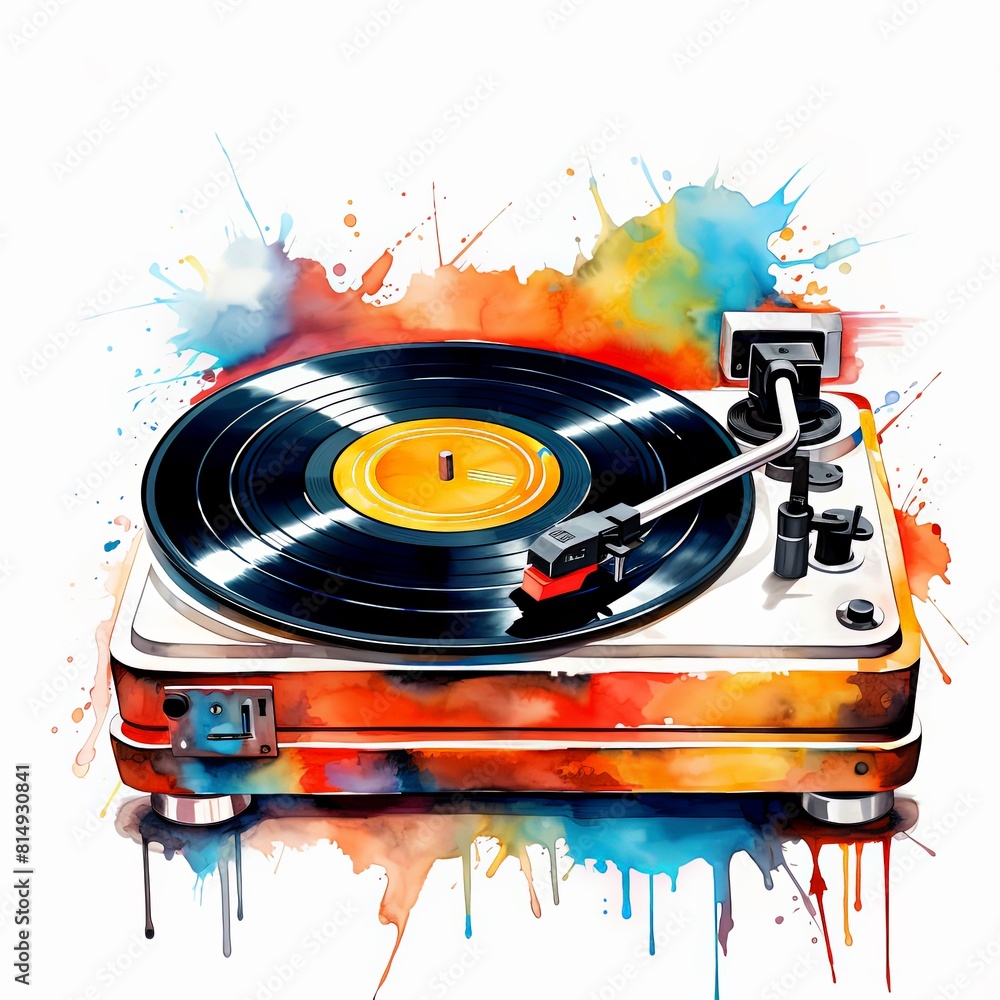 A turntable comes to life with a splash, its vinyl spinning amidst a ...