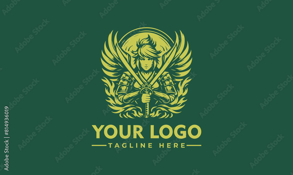 woman samurai and phoenix vector logo female samurai with a sword in ...