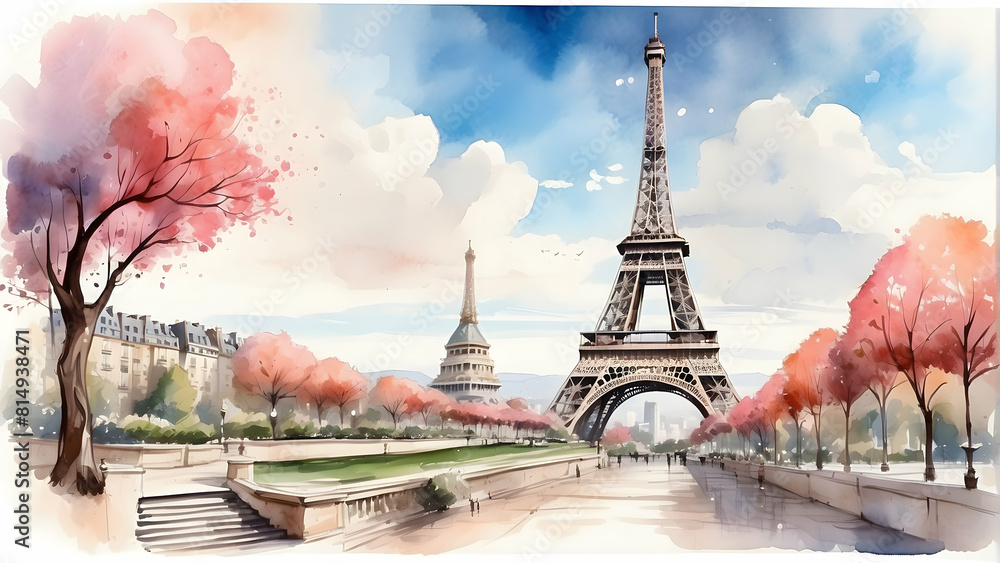 A watercolor painting depicting Paris in spring with the iconic Eiffel ...